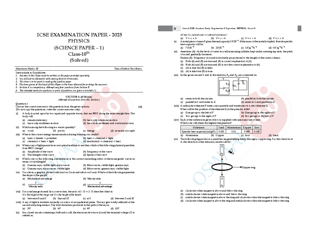 ICSE 2025 Physics Exam Paper 1 (Solved) - Maximum Marks: 80 - Studocu