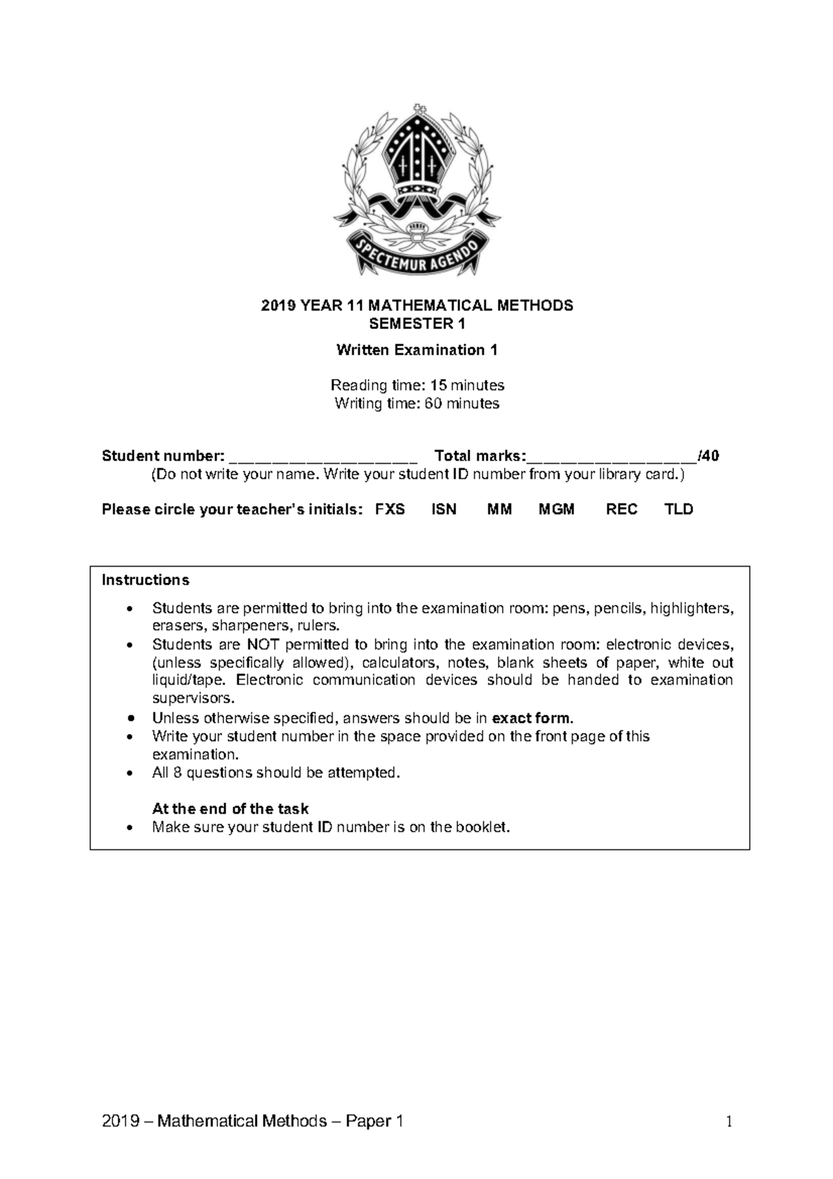2019 YEAR 11 MATHEMATICAL METHODS SEMESTER 1 Exam Paper 1 - Studocu