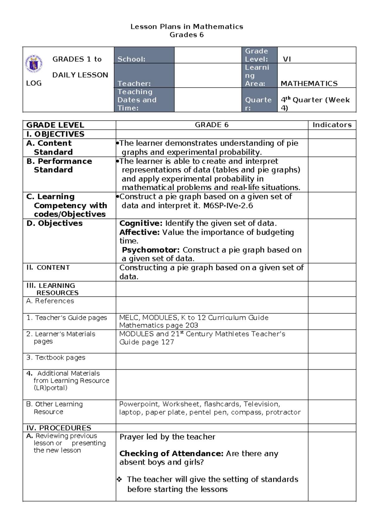 Math 6 - Lesson Plan for Constructing Pie Graphs and Data ...