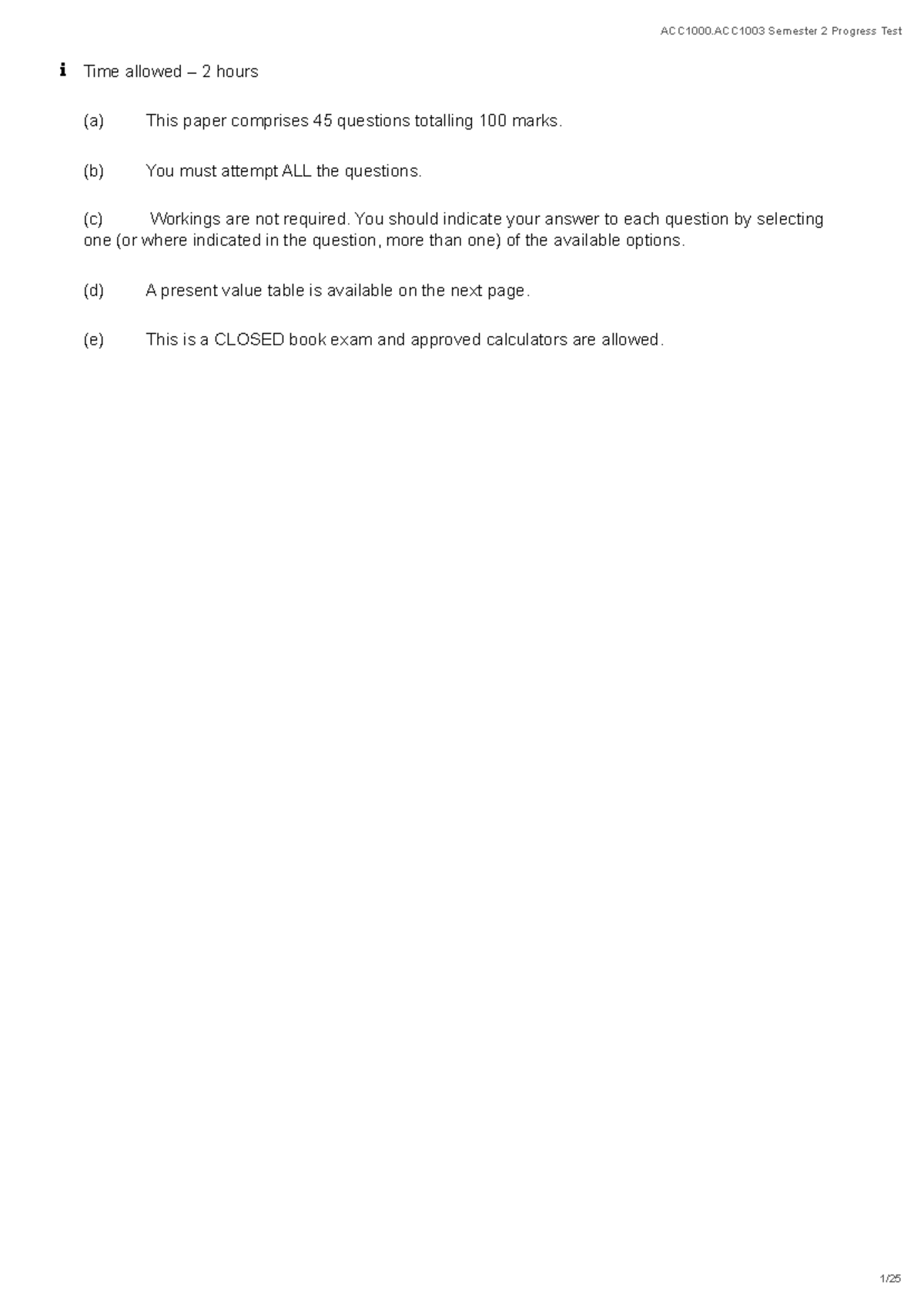 ACC1000.1003 Semester 2 Progress Test Questions Overview - Studocu