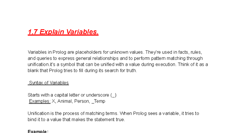 AI notes - 1 Explain Variables. Variables in Prolog are placeholders ...