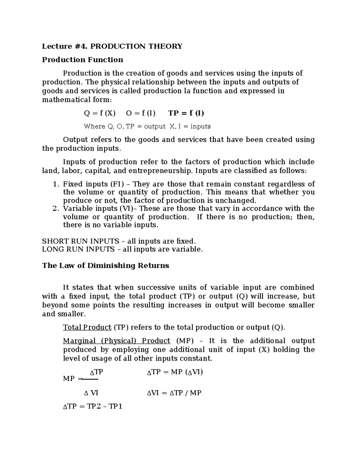 Lecture 4 - Production Theory: Understanding Inputs and Outputs - Studocu
