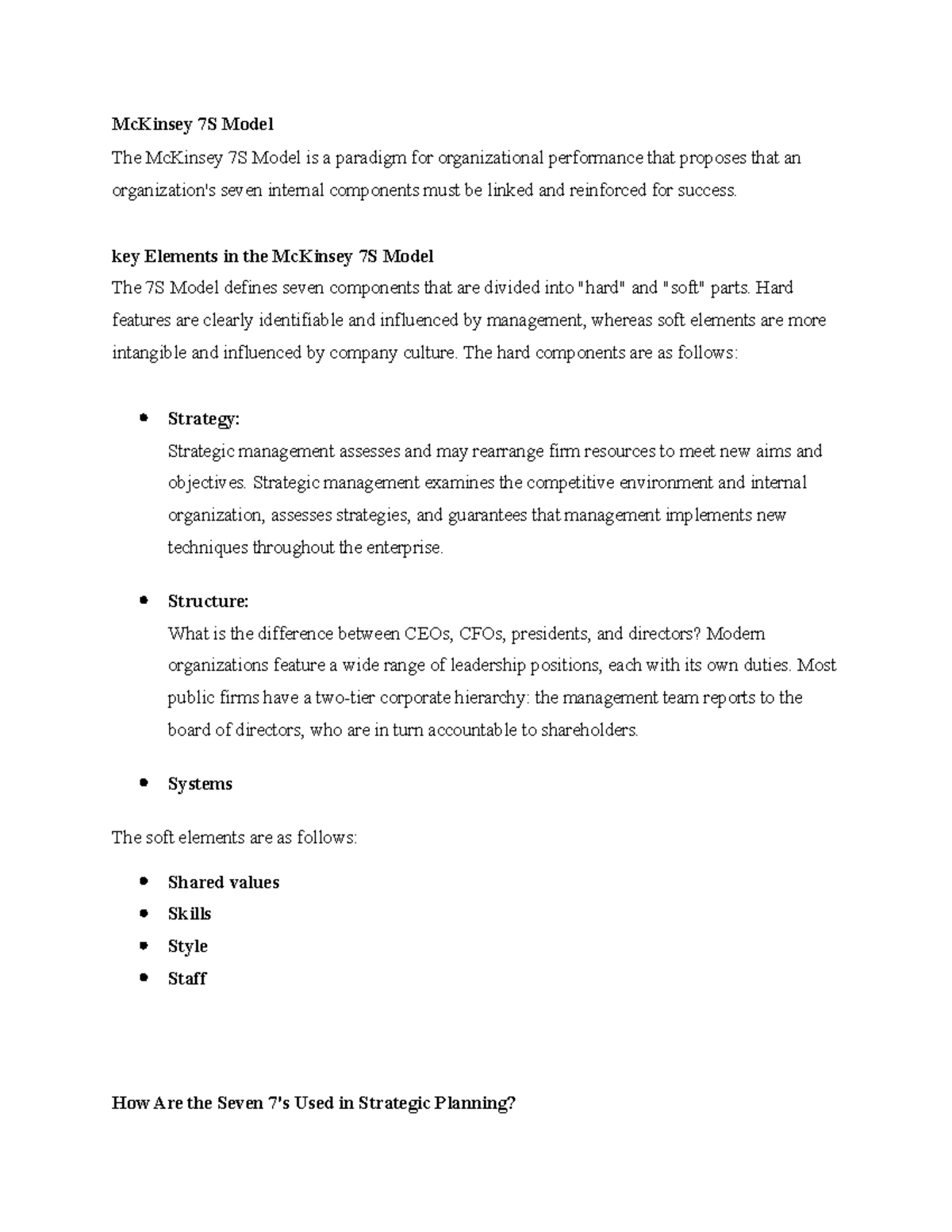 Mc Kinsey 7S Model - McKinsey 7S Model The McKinsey 7S Model is a ...
