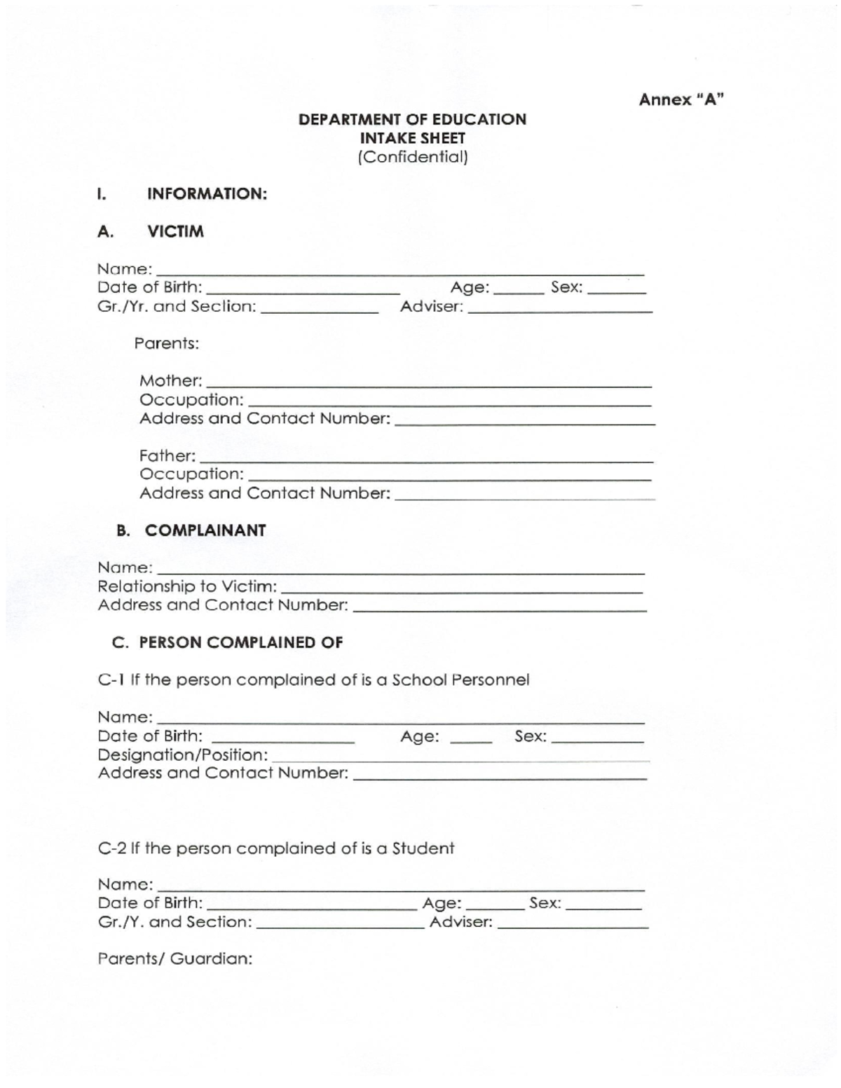Intake-Sheet - For the Students - Annex DEPARTMENT OF EDUCATION INTAKE ...