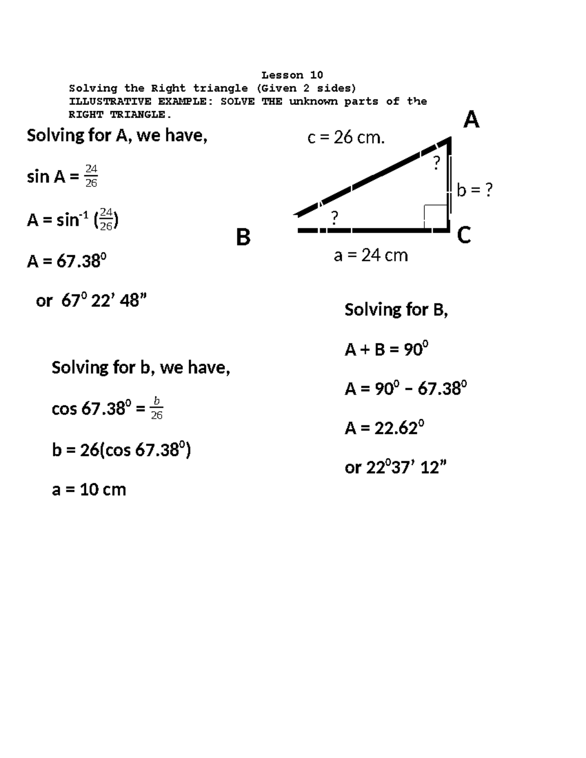 Lesson 10: Solving Right Triangle with 2 Sides Given - Studocu
