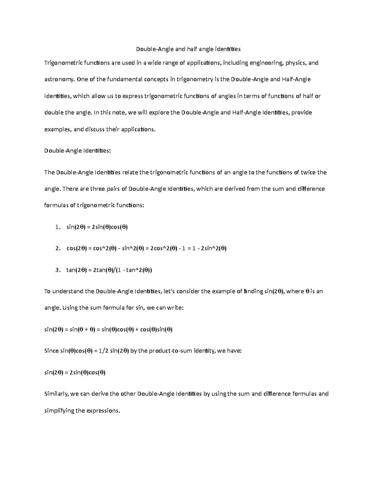 Double-Angle and half angle identities - Double-Angle and half angle ...