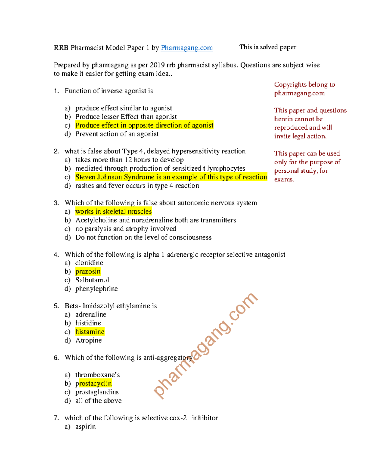 RRB Pharmacist Model Exam Paper 1 - Subject-Wise Questions - Studocu