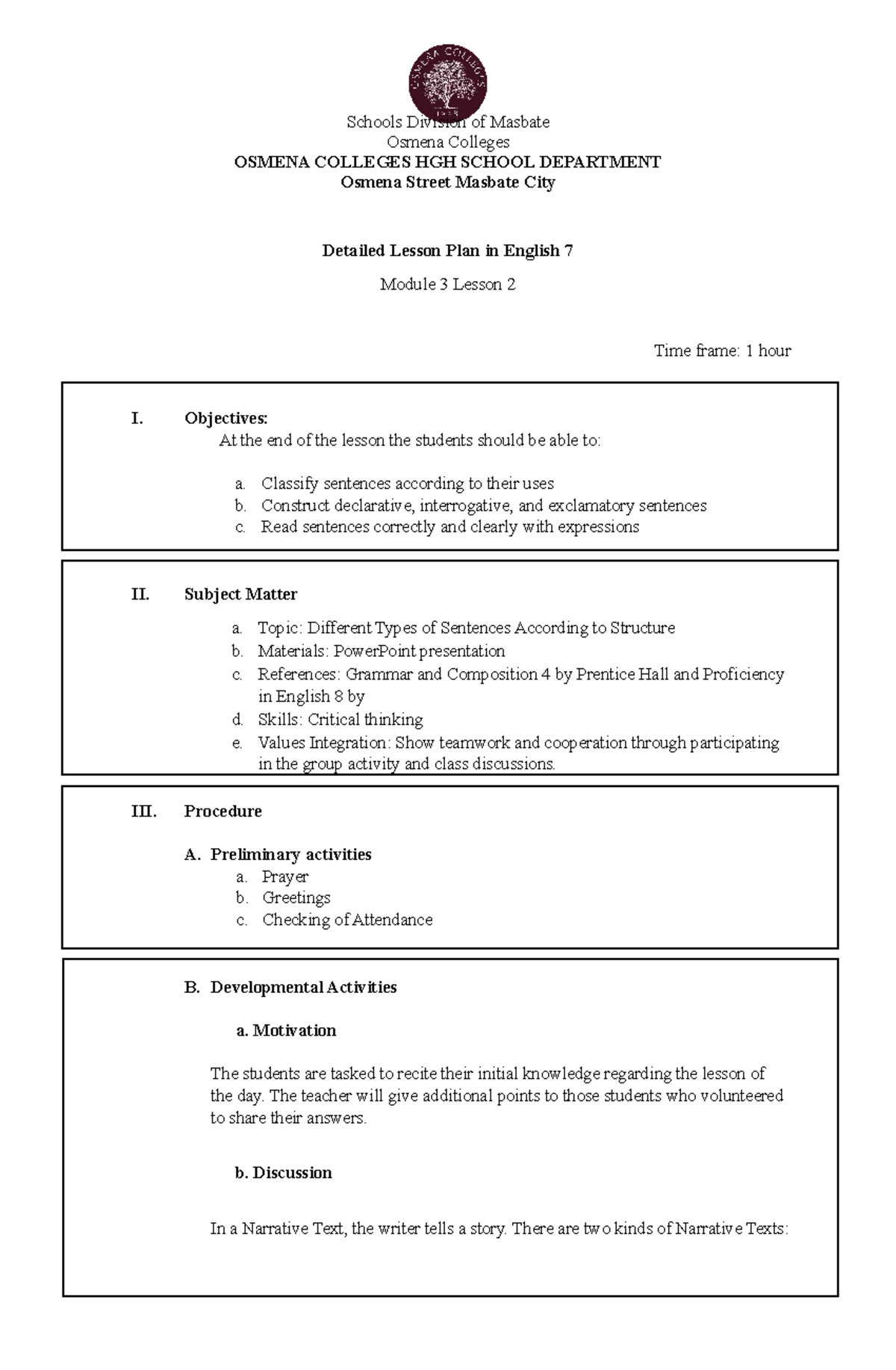 SDLP - LESSON PLAN - Detailed Lesson Plan in English 7 Module 3 Lesson ...