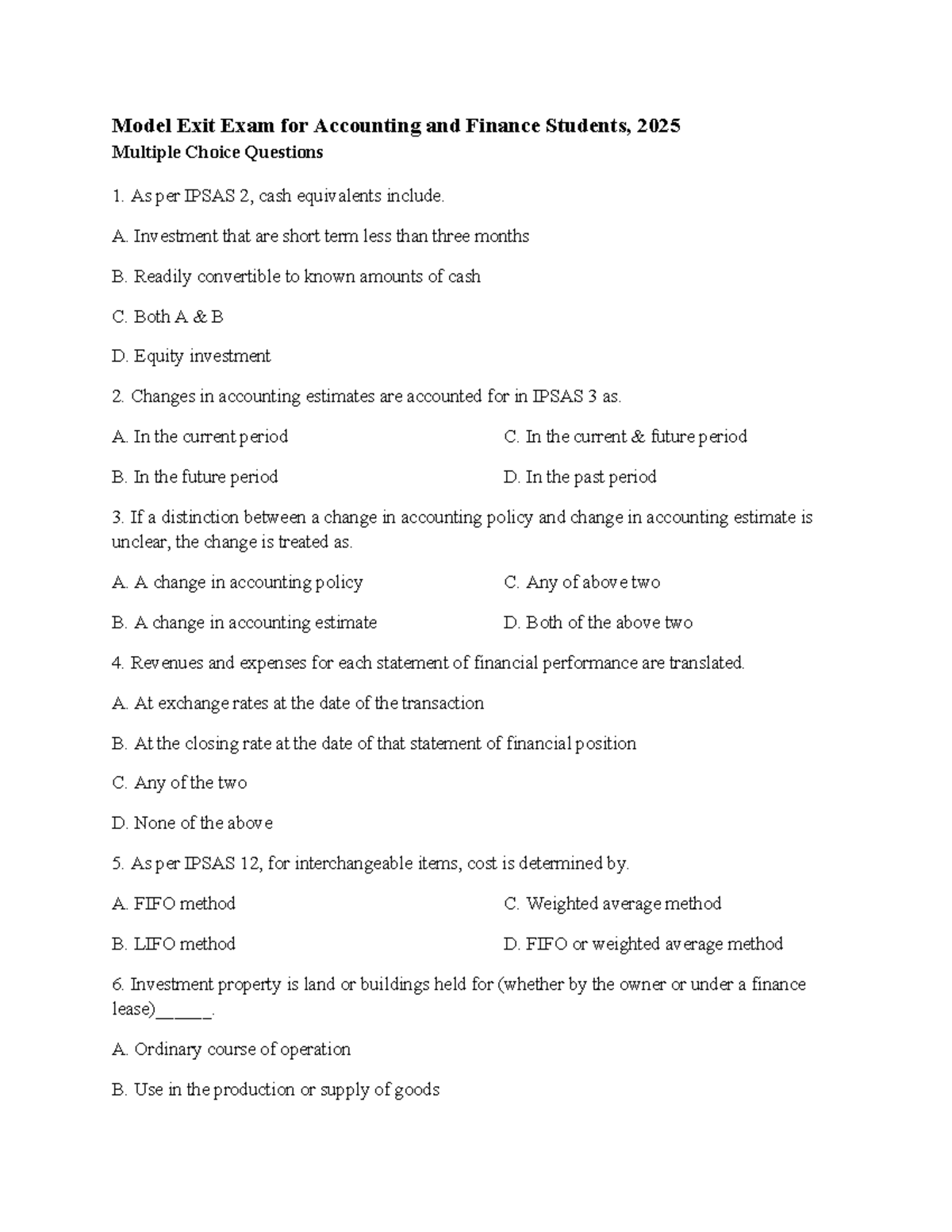 Accounting and Finance Model Exit Exam 2025: Multiple Choice Questions ...