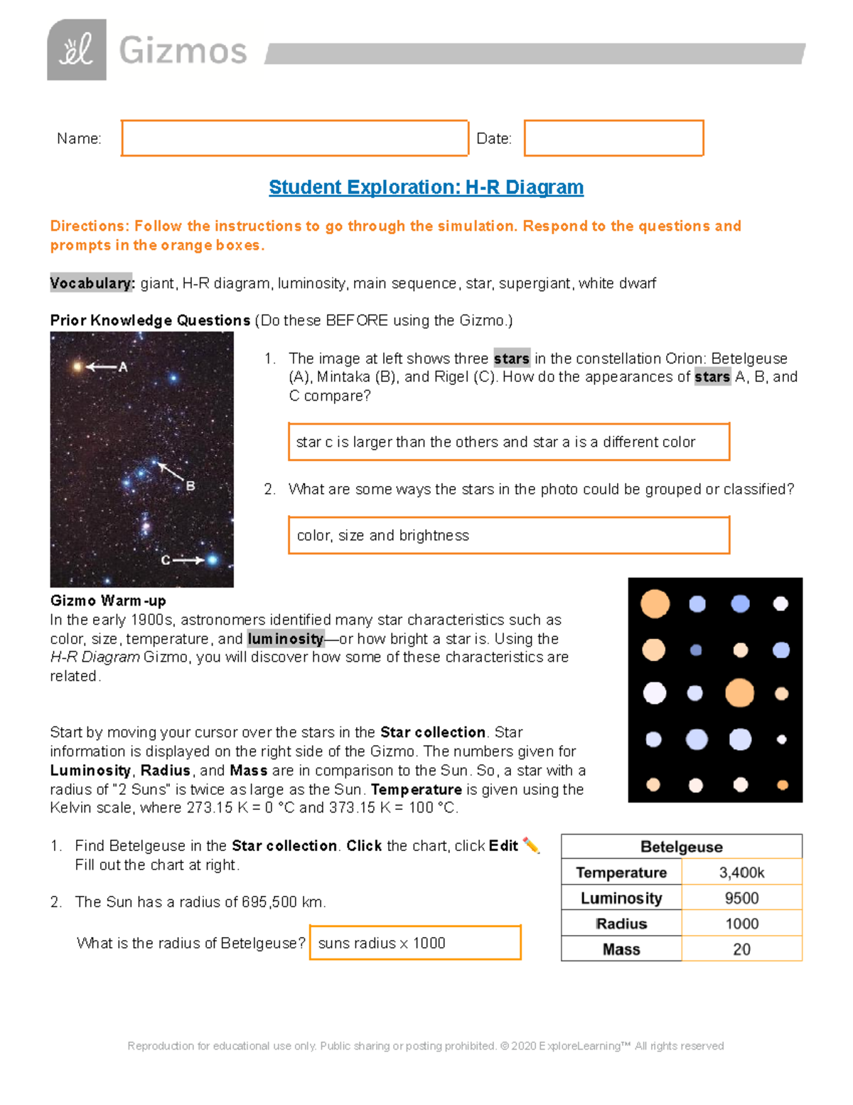 Exploration of the H-R Diagram: An Interactive Gizmo Activity - Studocu