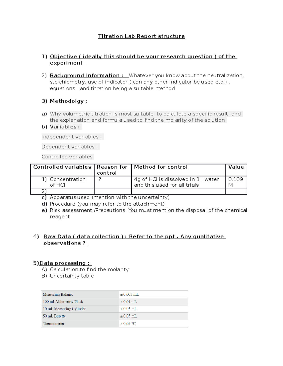 Titration Lab report format - Titration Lab Report structure Objective ...