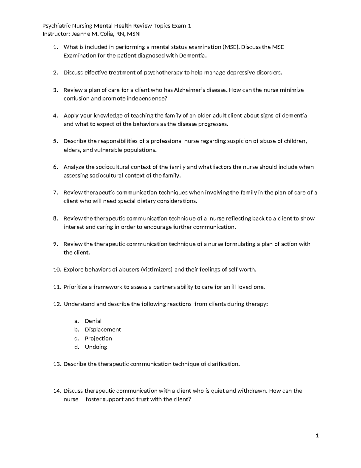 Exam 1 Review topics - Summary Mental Health - Psychiatric Nursing ...