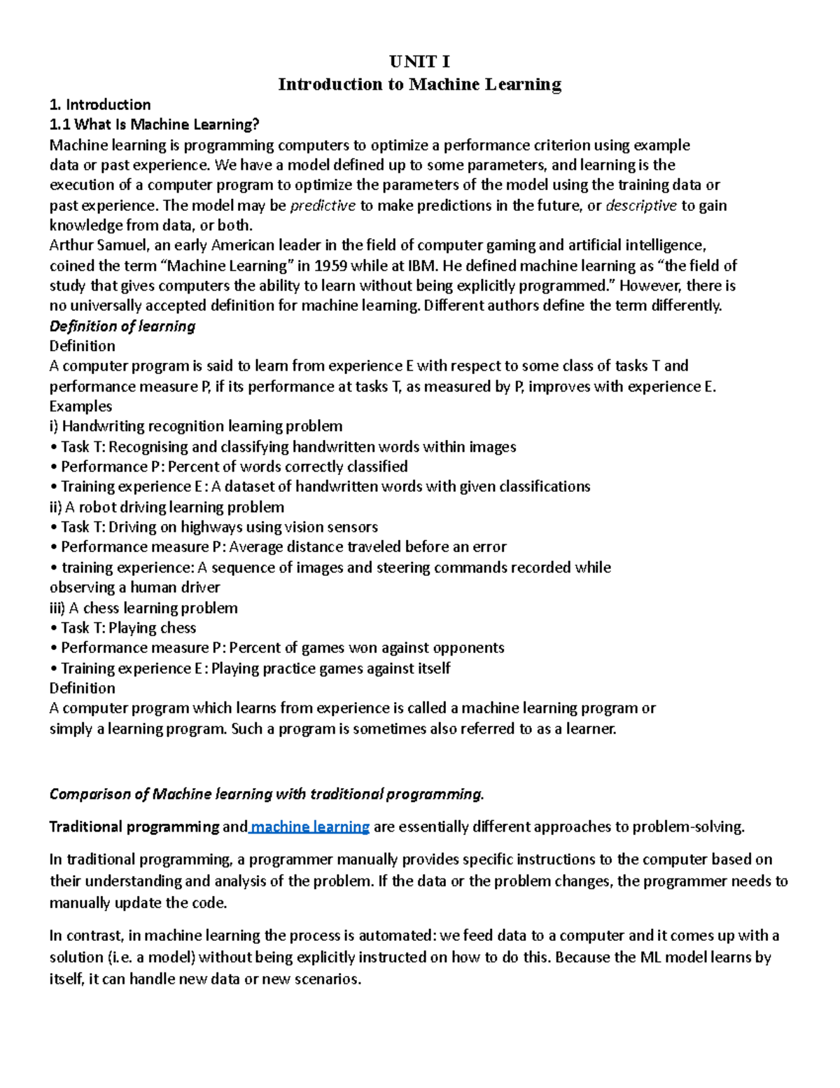 Machine Learning UNIT I: Introduction and Key Concepts - Studocu