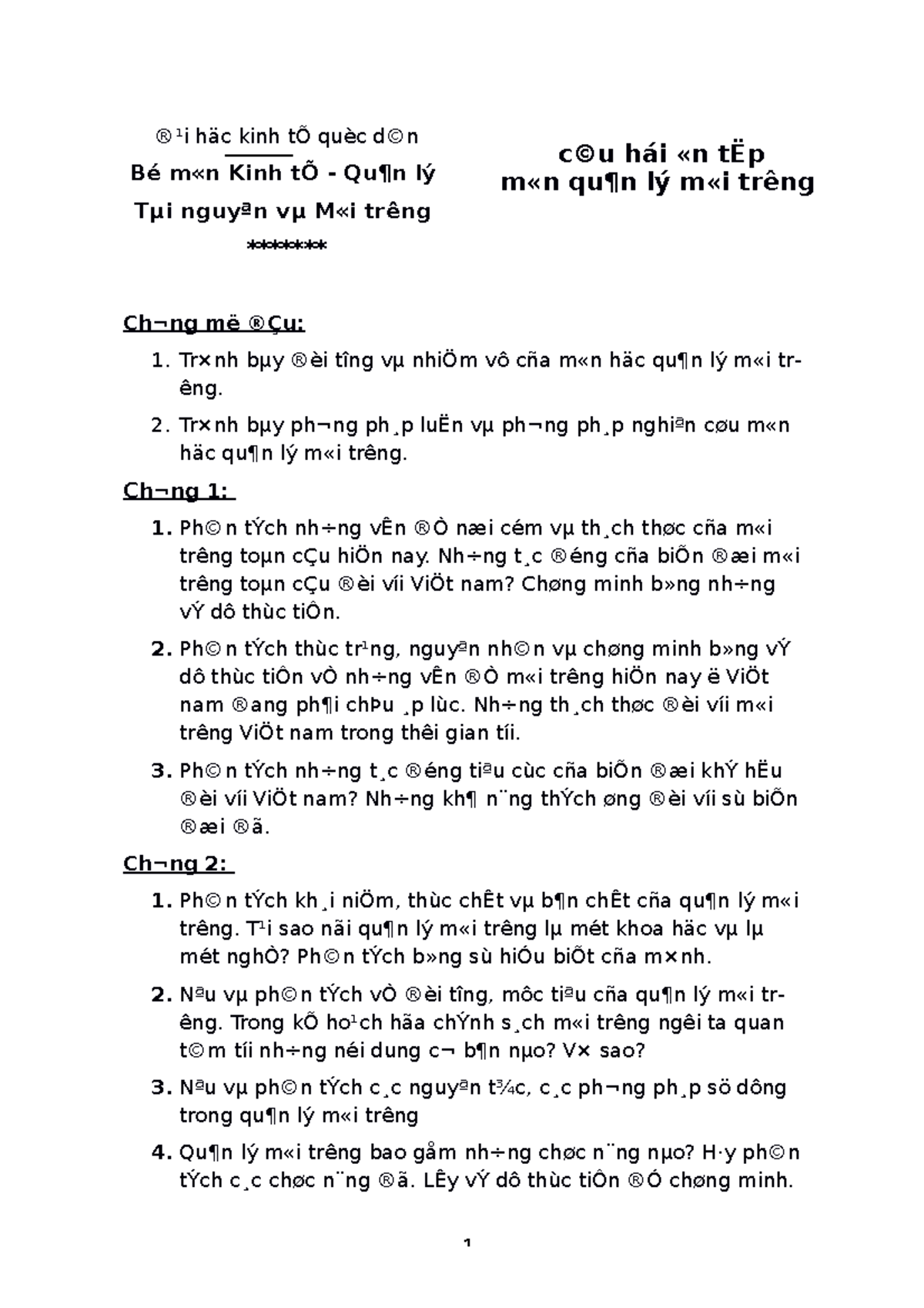 Cau hoi on tap mon QLMT chuyen nganh 05-2011 - ®¹i häc kinh tÕ quèc d©n Bé m«n Kinh tÕ - Qu¶n lý ...