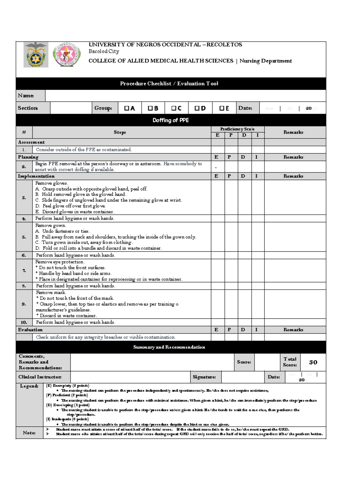 NURS 101: Doffing of PPE Proficiency Checklist and Evaluation Tool ...