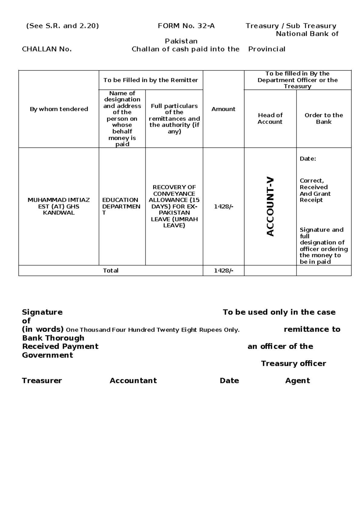 Challan Form 32A-I for Conveyance Allowance Remittance - Studocu