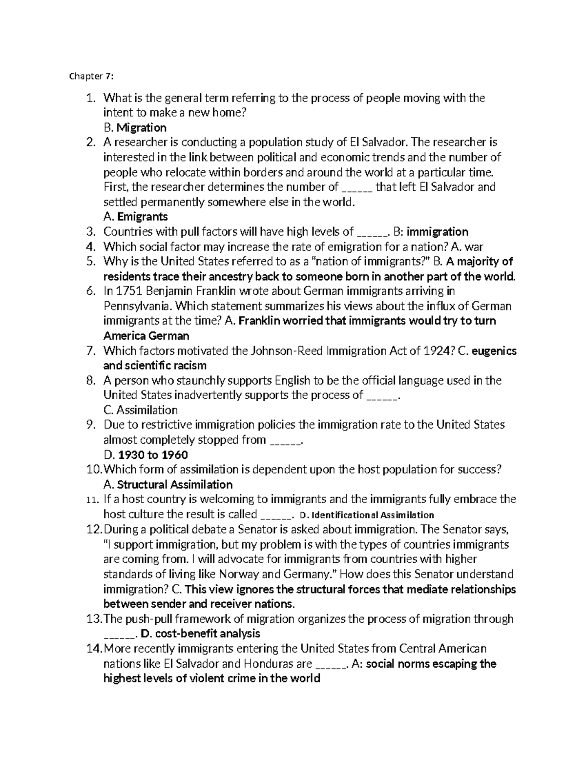 Chapters 7-9 Quiz Answers: Key Concepts and Insights in Migration and ...
