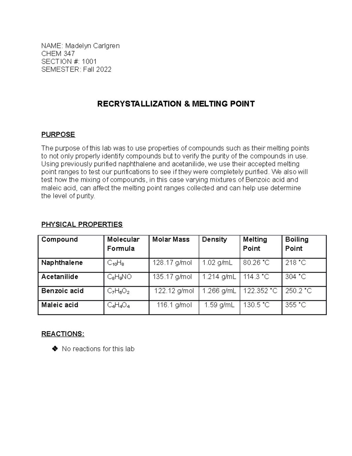 CHEM 347 - Melting Point Lab Report & Recrystallization Analysis - Studocu