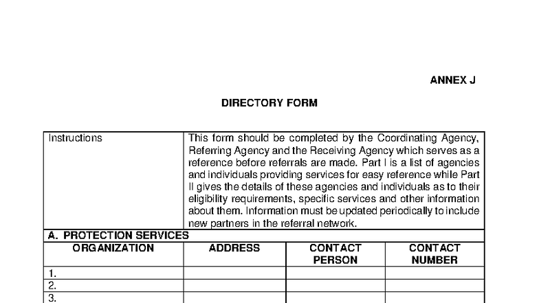 4.1.7.2 Annex J Directory Form for Referral Agencies - Studocu