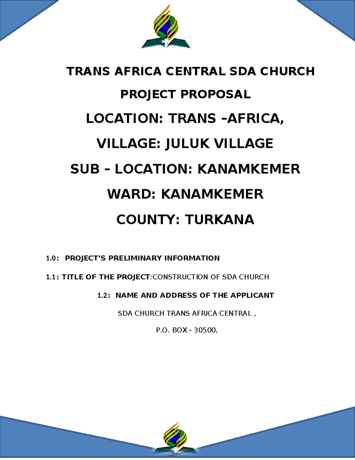 Project- Proposal-FOR- Trans Africa - TRANS AFRICA CENTRAL SDA CHURCH PROJECT PROPOSAL LOCATION ...