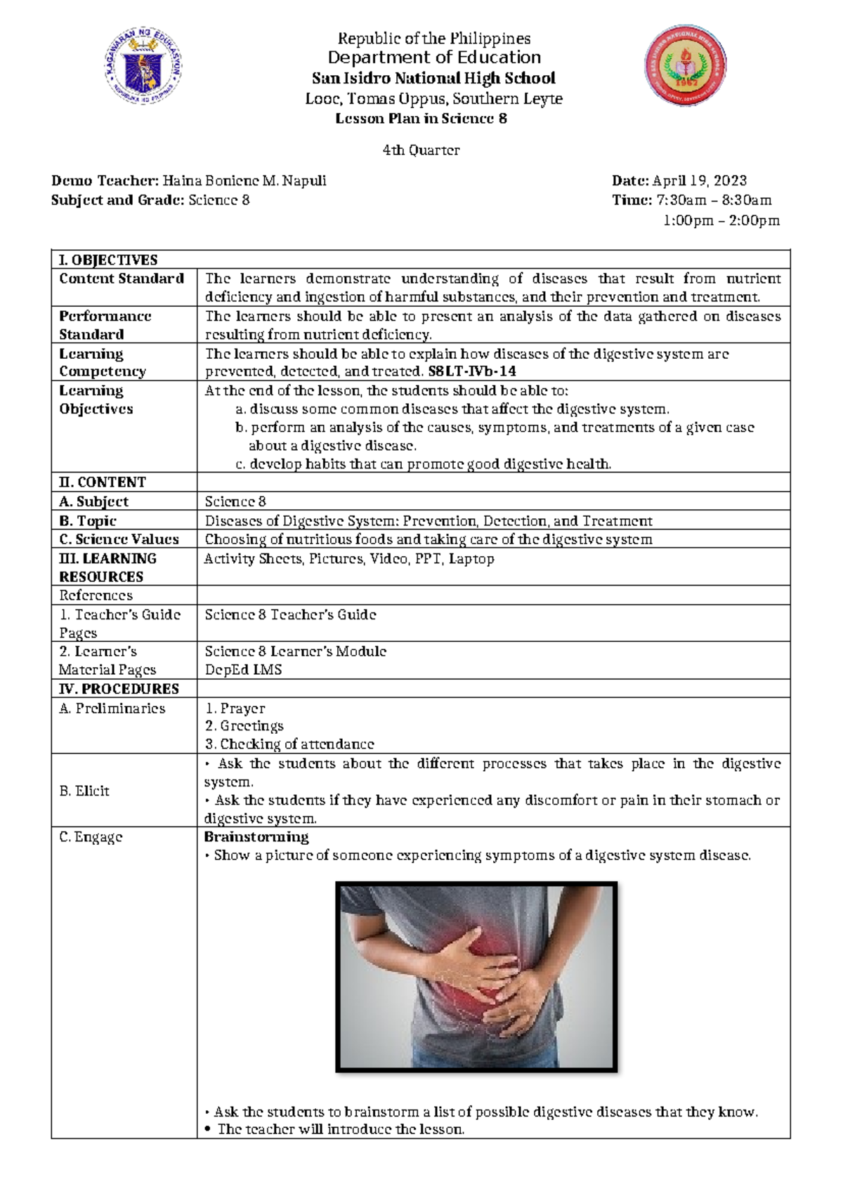 Science 8 Lesson Plan: Digestive System Diseases and Health - Studocu