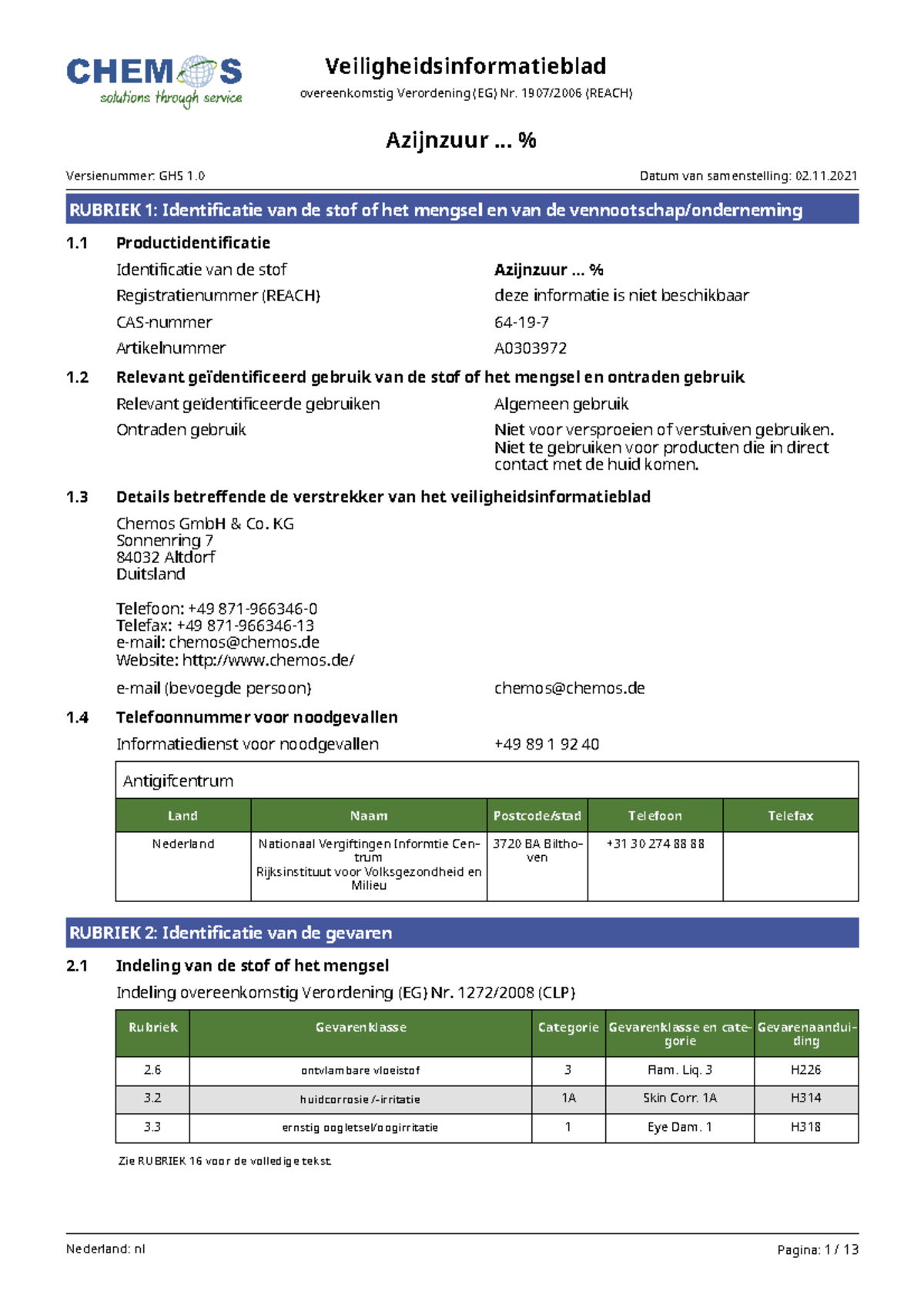 MSDS Document voor Azijnzuur: Gevaren en Veiligheidsinformatie ...