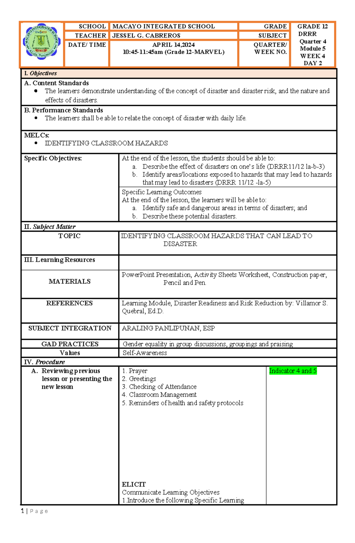 DLP in DRRR - DLP in DRRR - SCHOOL MACAYO INTEGRATED SCHOOL GRADE GRADE ...