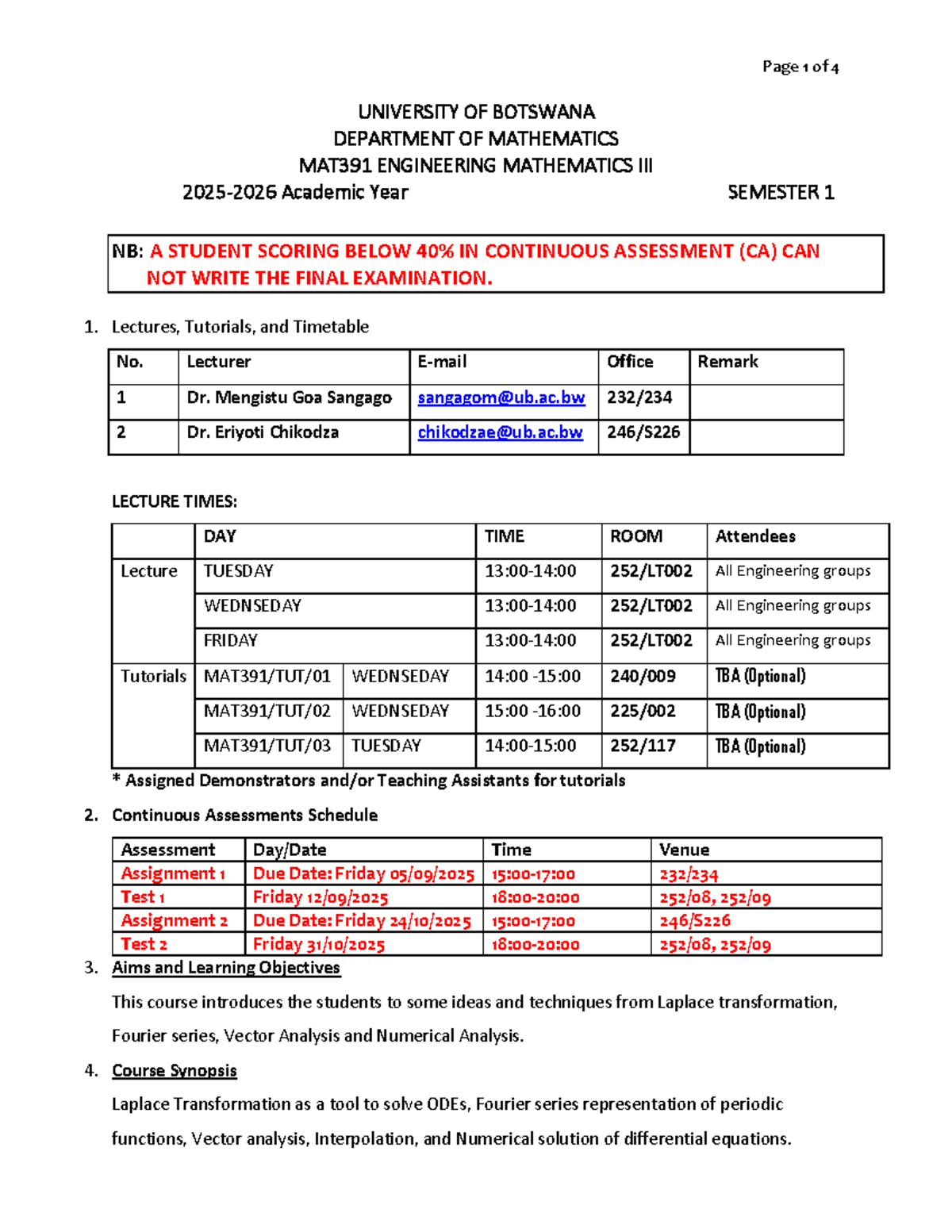 MAT391 Engineering Mathematics Course Outline (2025-2026 Sem 1) - Studocu