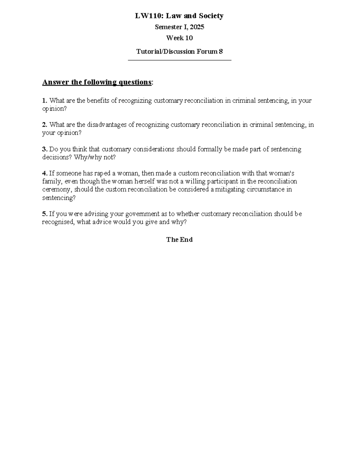 Week 10 - Tutorial 8 [Challenges for Pacific Legal System] 2025 - LW110 ...