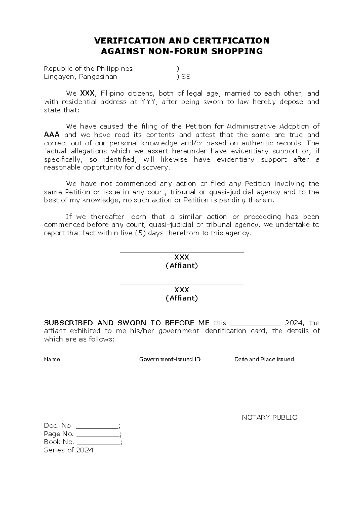 Verification-against-non-forum-shopping for adoption petition ...