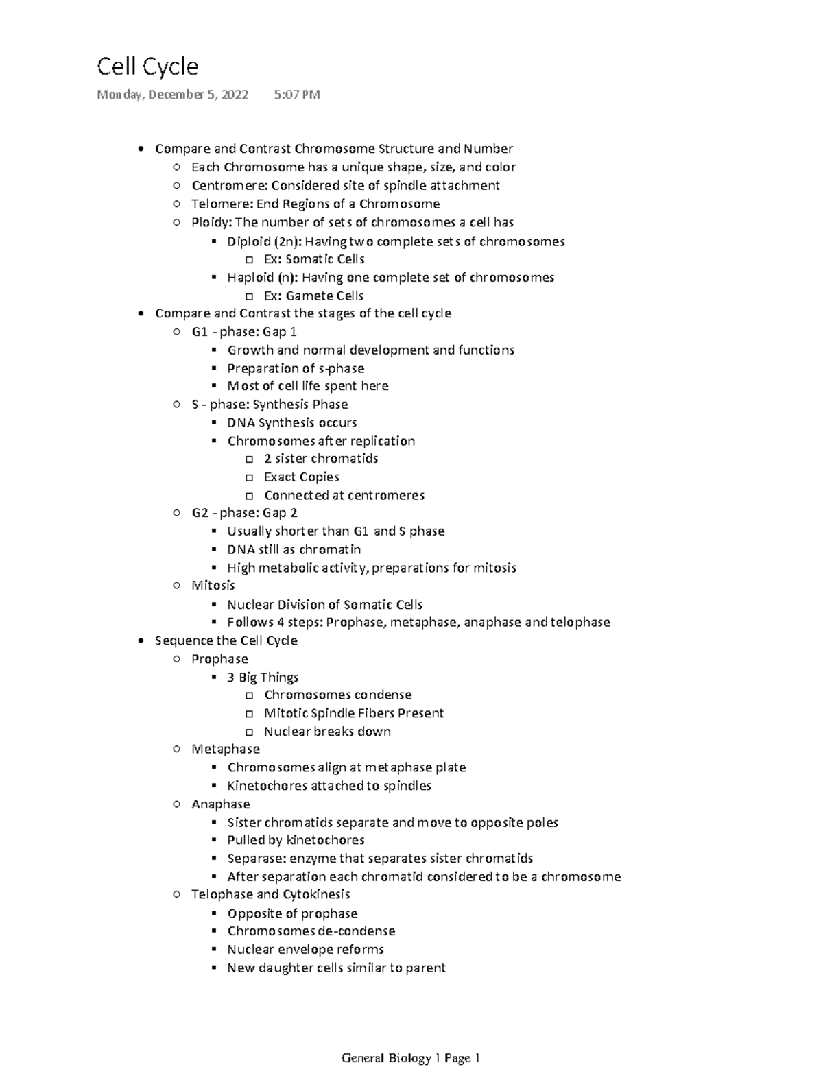 General Biology 1: Overview of the Cell Cycle and Chromosomes - Studocu