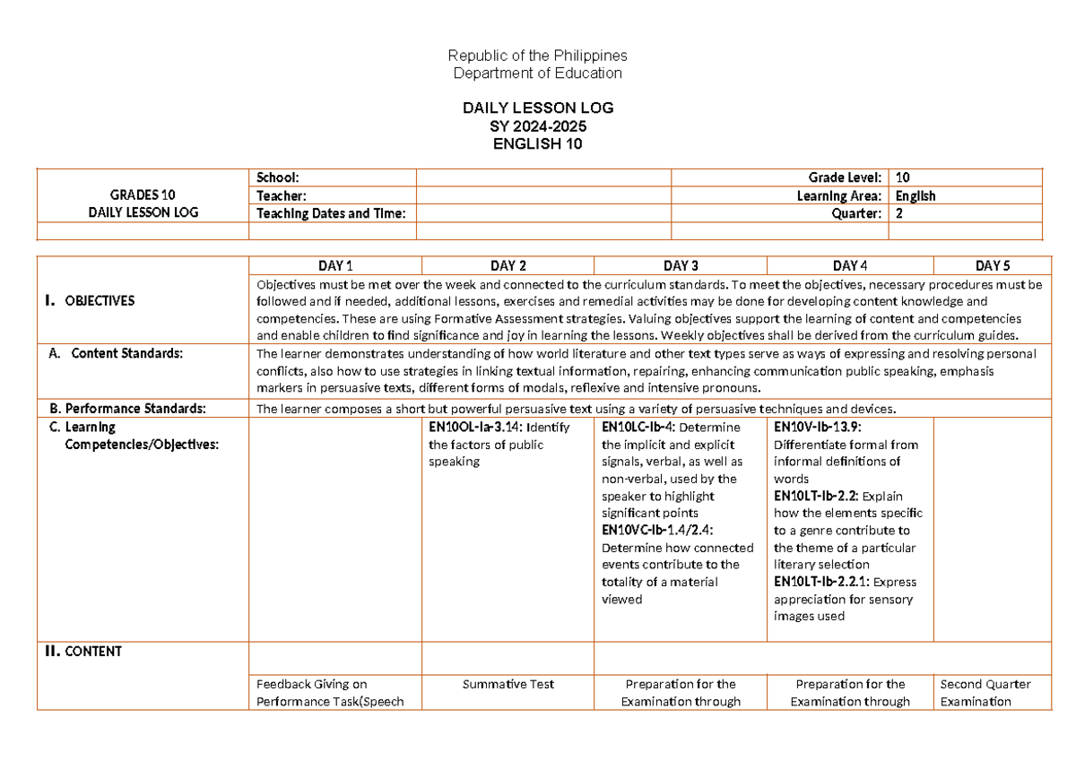 G10 English Daily Lesson Log (DLL) for Aug 27-30, 2024 - Studocu
