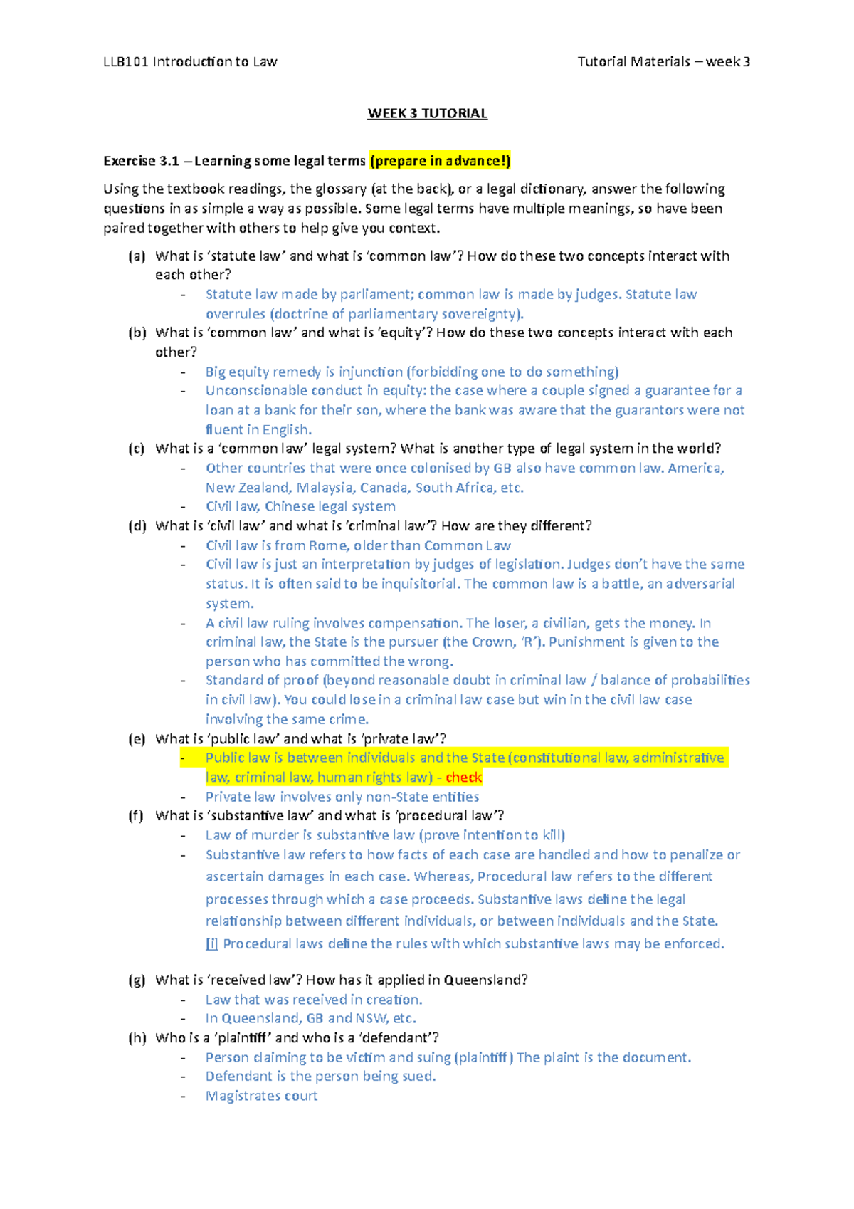LLB101 Week 3 Tutorial: Key Legal Concepts and Australian Legal History ...