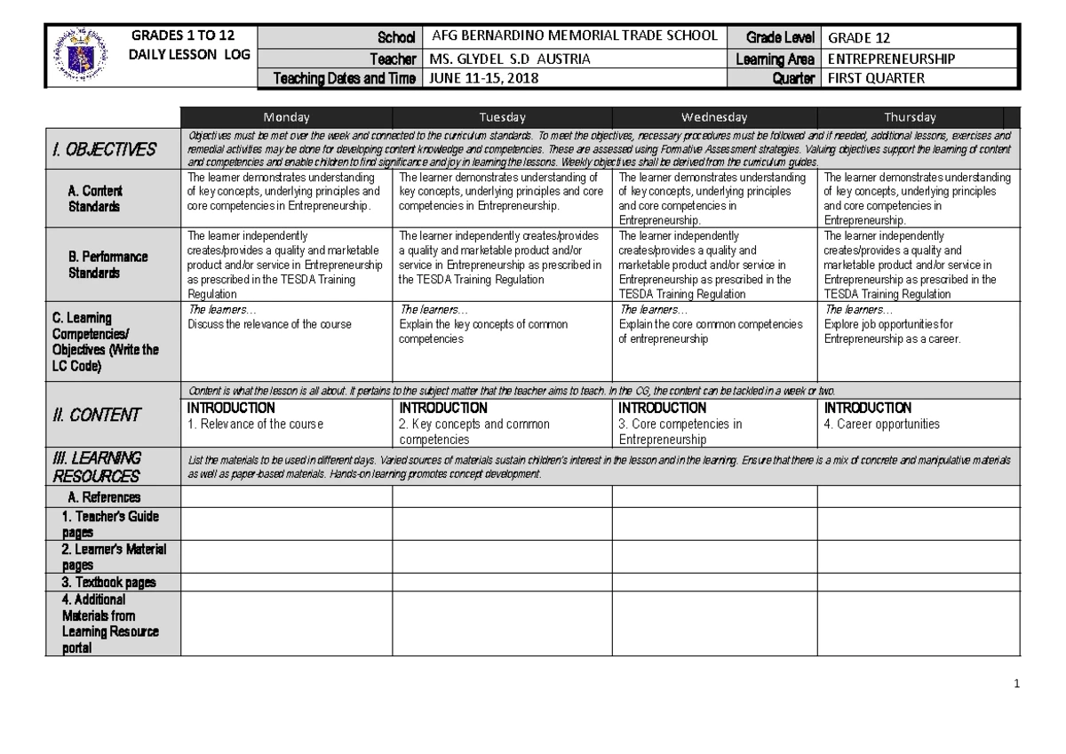 Daily Lesson Log: Entrepreneurship (Grade 12) - Week 1 Overview - Studocu