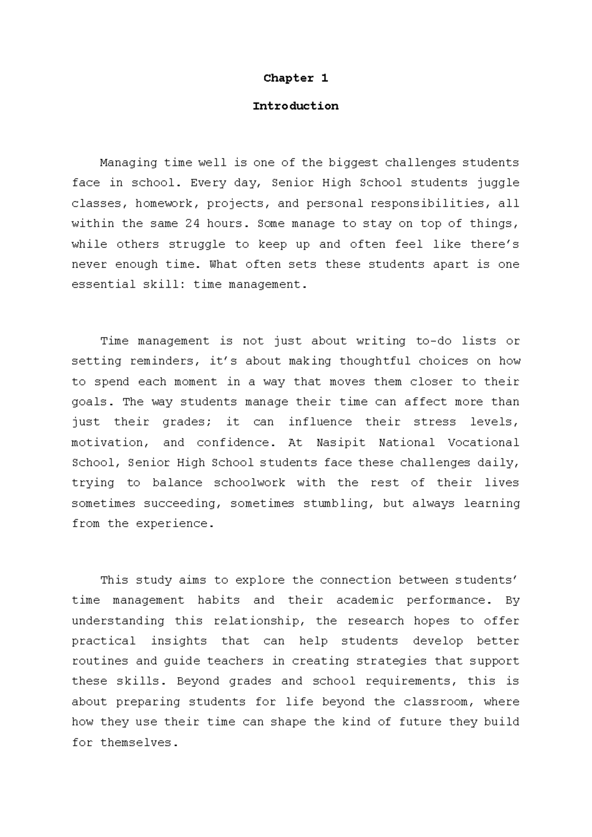 Chapter 1: Time Management and Academic Performance in SHS (NSTP 101) - Studocu