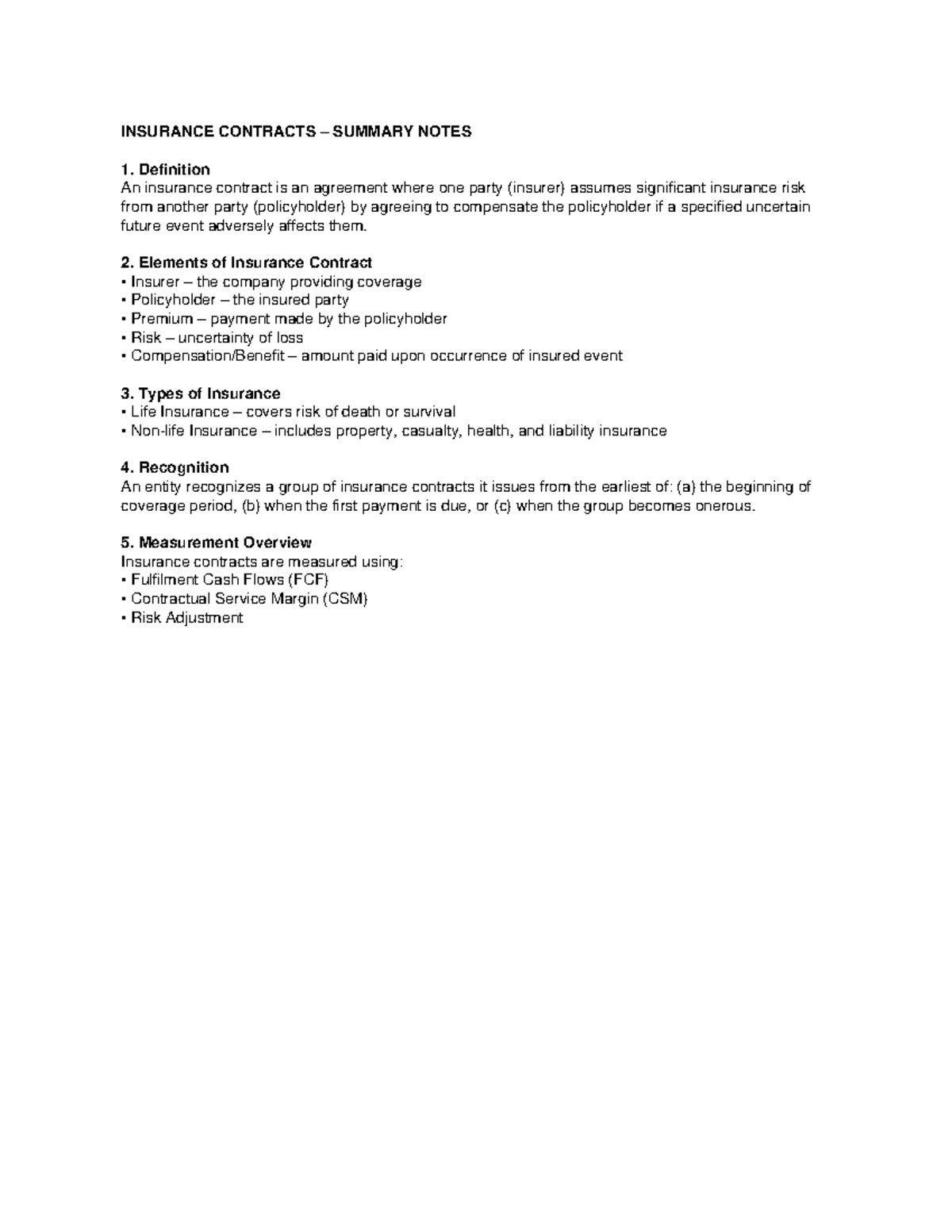 INSURANCE 101: SUMMARY NOTES ON CONTRACTS AND MEASUREMENT - Studocu