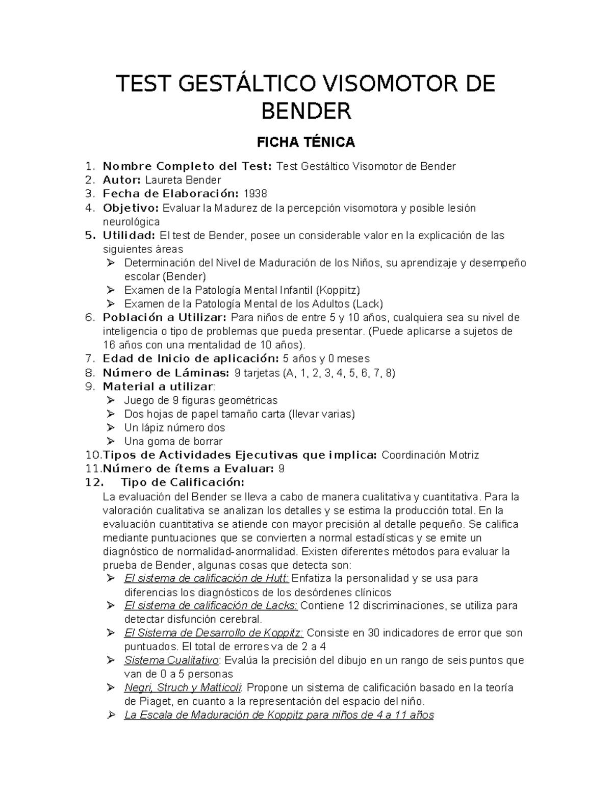 Ficha Técnica del Test Gestáltico Visomotor de Bender (TGVB) - Studocu
