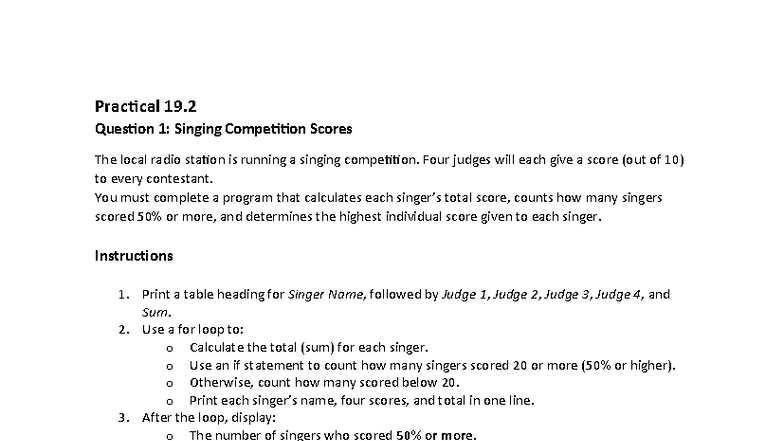 Practical 19: Singing Competition Scores Calculation Guide - Studocu