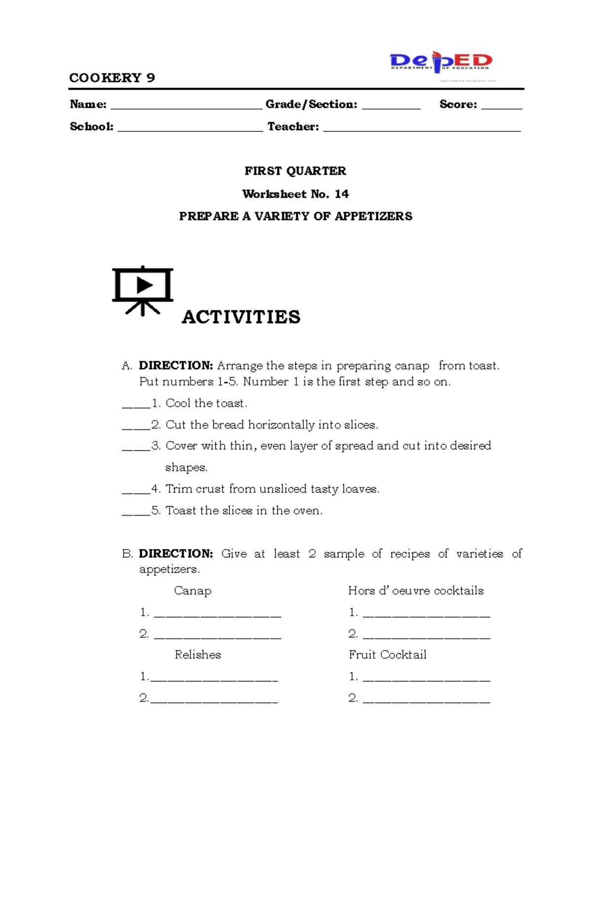 TLE Cookery 9 Q1 Worksheet 14: Preparing Appetizers Activities - Studocu
