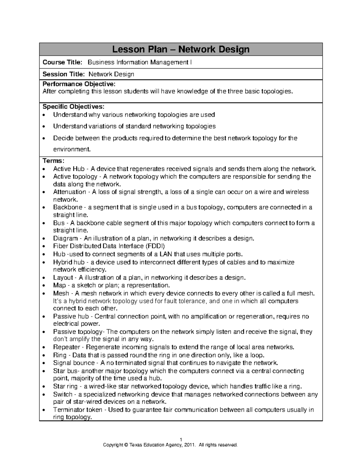 Lesson Plan - Network Design - 1 Lesson Plan – Network Design Course ...