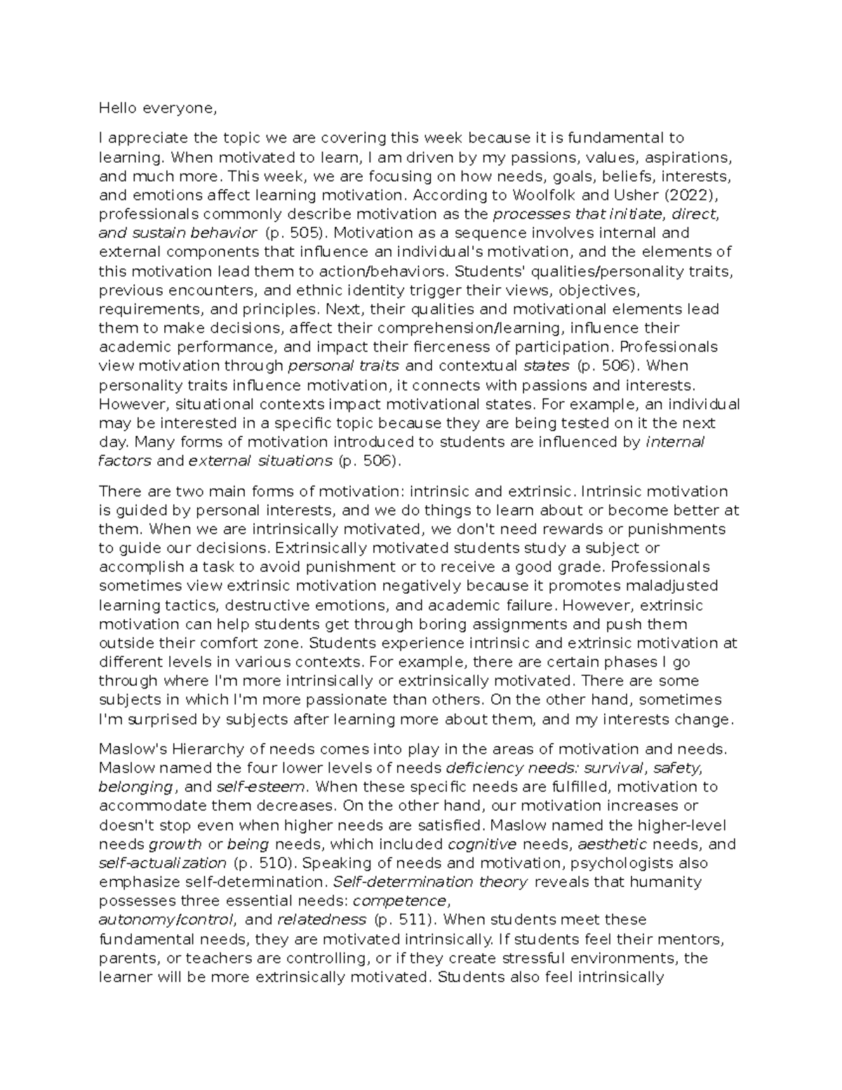 PSY 201 Discussion 6 - Understanding Motivation and Goal Setting - Studocu