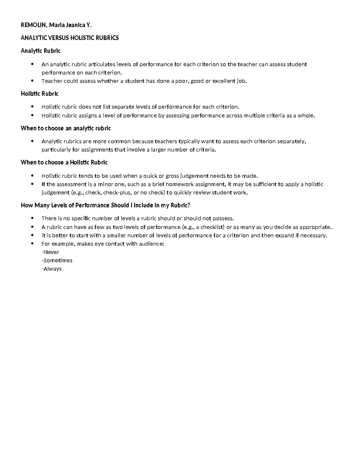 ANALYTIC VS HOLISTIC RUBRICS: A COMPARATIVE STUDY - Studocu