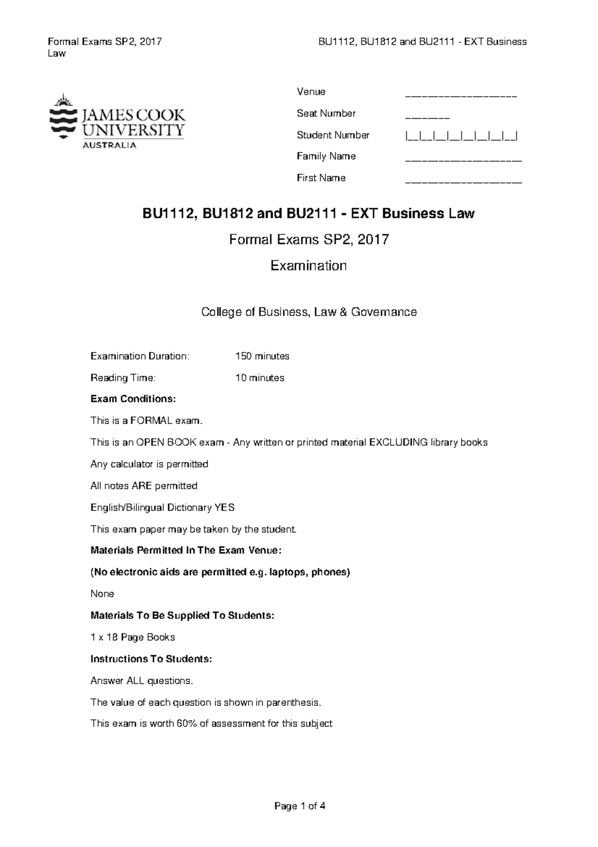 BU1112 Formal Exam 2017 - Business Law Sample Questions - Studocu