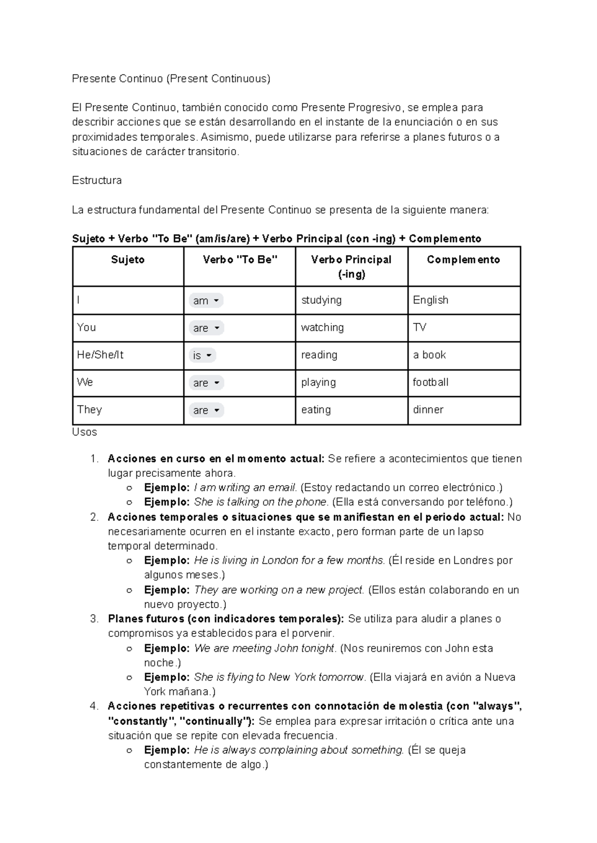 Presente Continuo: Estructura y Usos del Tiempo Progresivo - Studocu