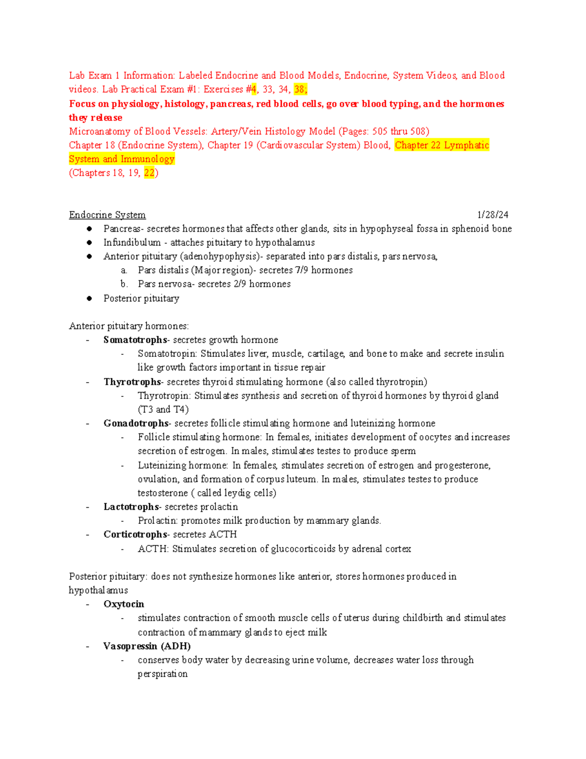 A&P II Lab Exam 1: Endocrine & Blood Systems Overview - Studocu