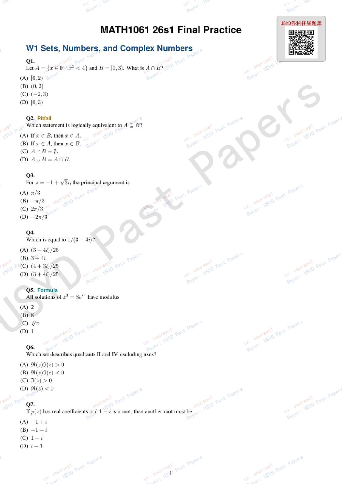 USYD MATH1061 26s1 Final Exam Practice: Sets, Numbers, and Complex ...