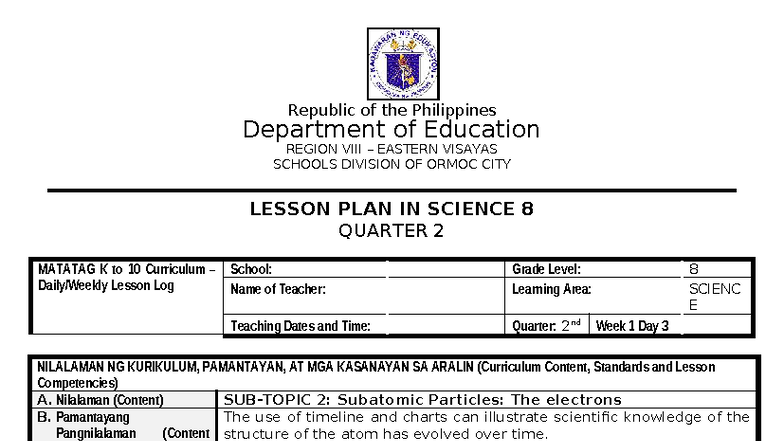 G8 Science 8 Q2 Lesson Plan: Subatomic Particles & Atomic Model - Studocu