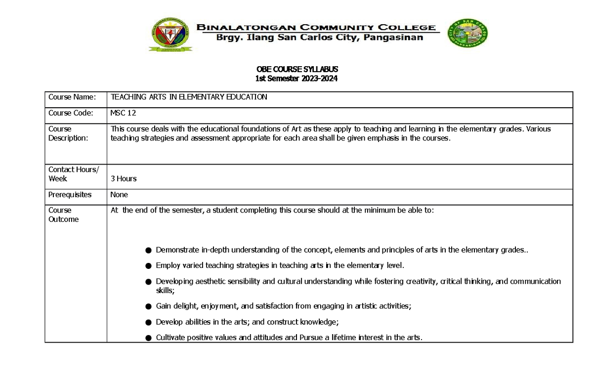 MSC 12 Teaching Arts in Elementary Education Syllabus (1st Sem 2023 ...