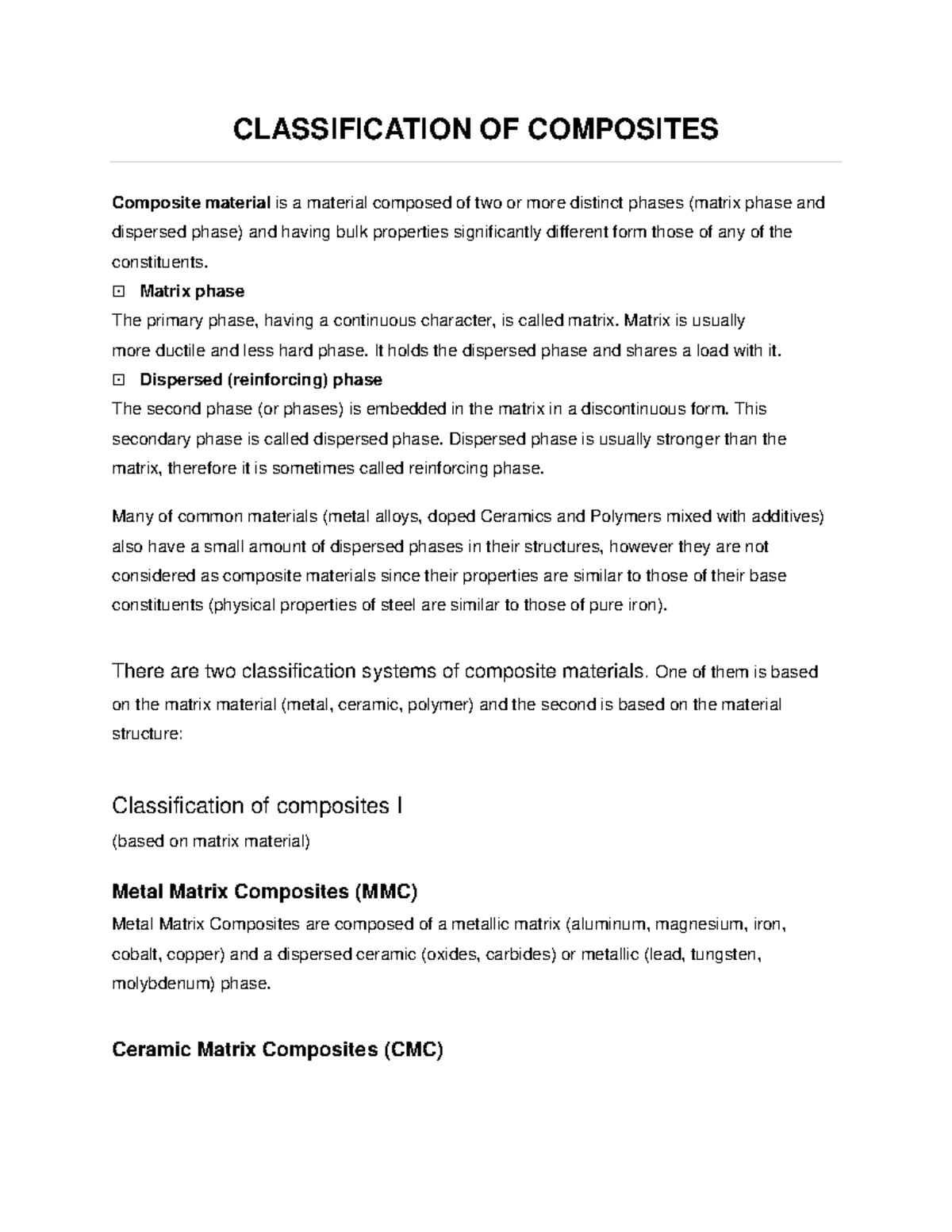 Classification of composites - CLASSIFICATION OF COMPOSITES Composite ...