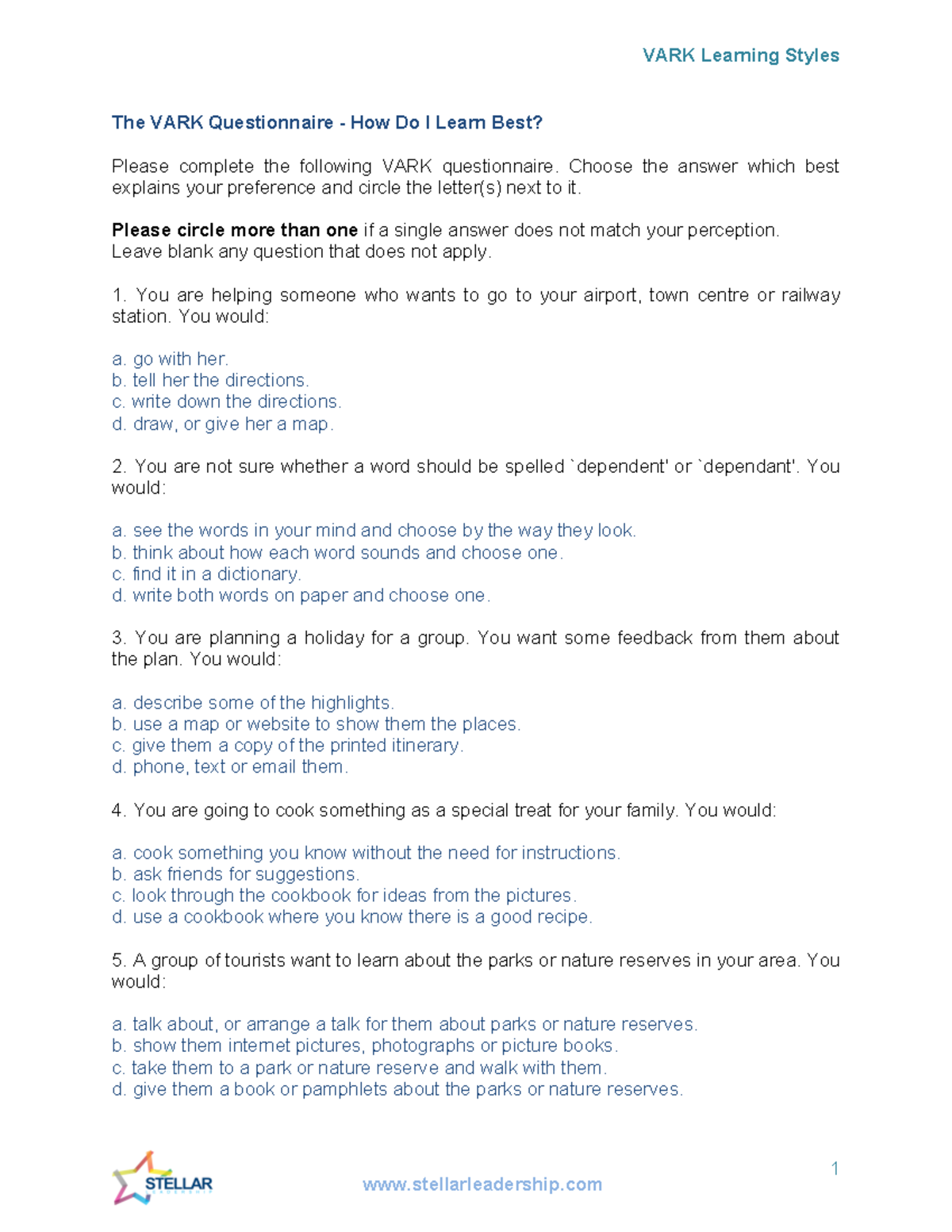 Varkquestionnaire - mandatory assignment - 1 The VARK Questionnaire ...